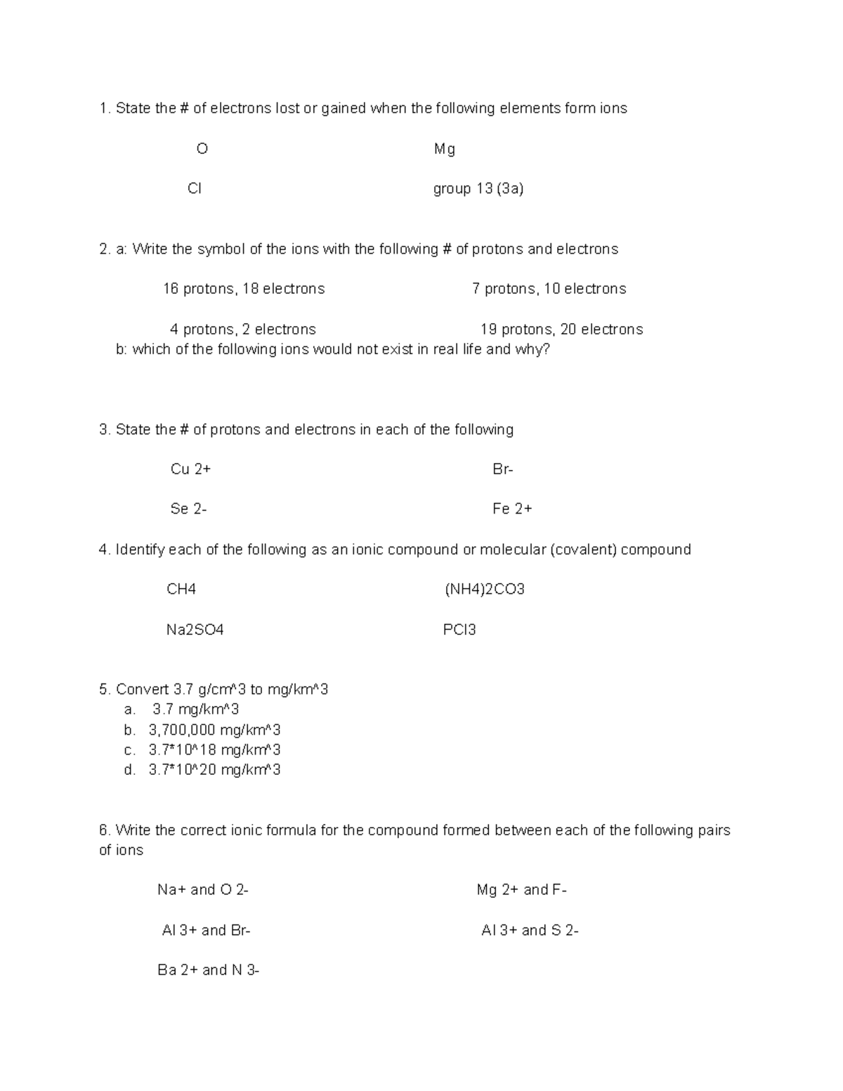 Ch. 6 Practice Problems - State the # of electrons lost or gained when ...