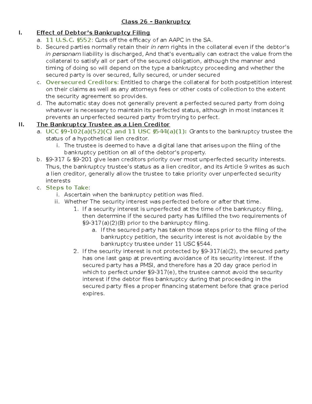 Class 26 – Bankruptcy - Class 26 – Bankruptcy I. Effect of Debtor’s ...