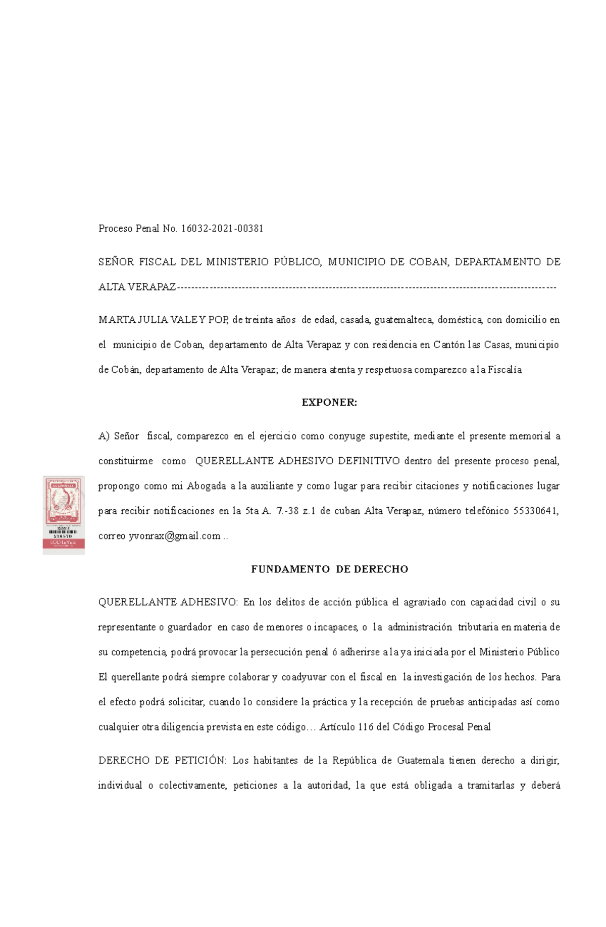 Memorial Abogada Querellante - Proceso Penal No. 16032-2021- SEÑOR ...