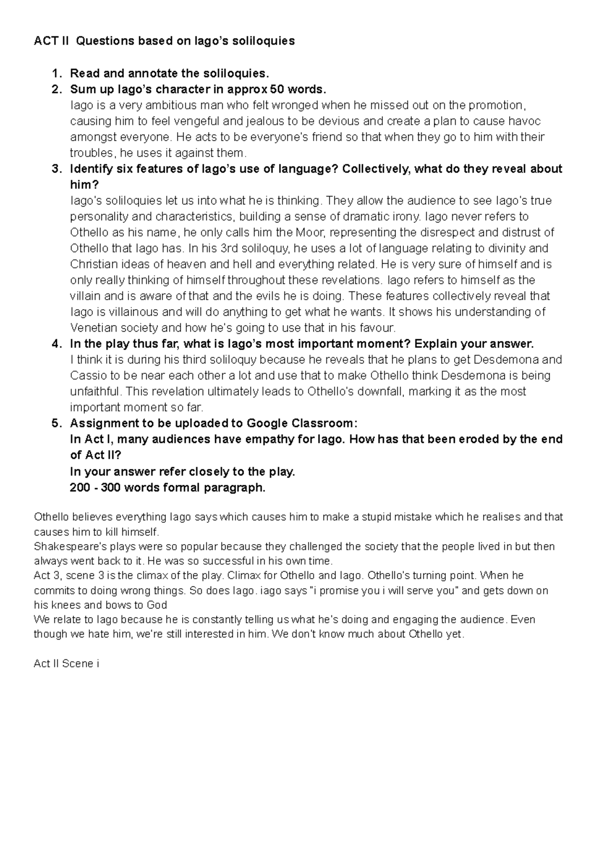 Copy of ACT II Questions based on Iago’s soliloquies - Read and ...