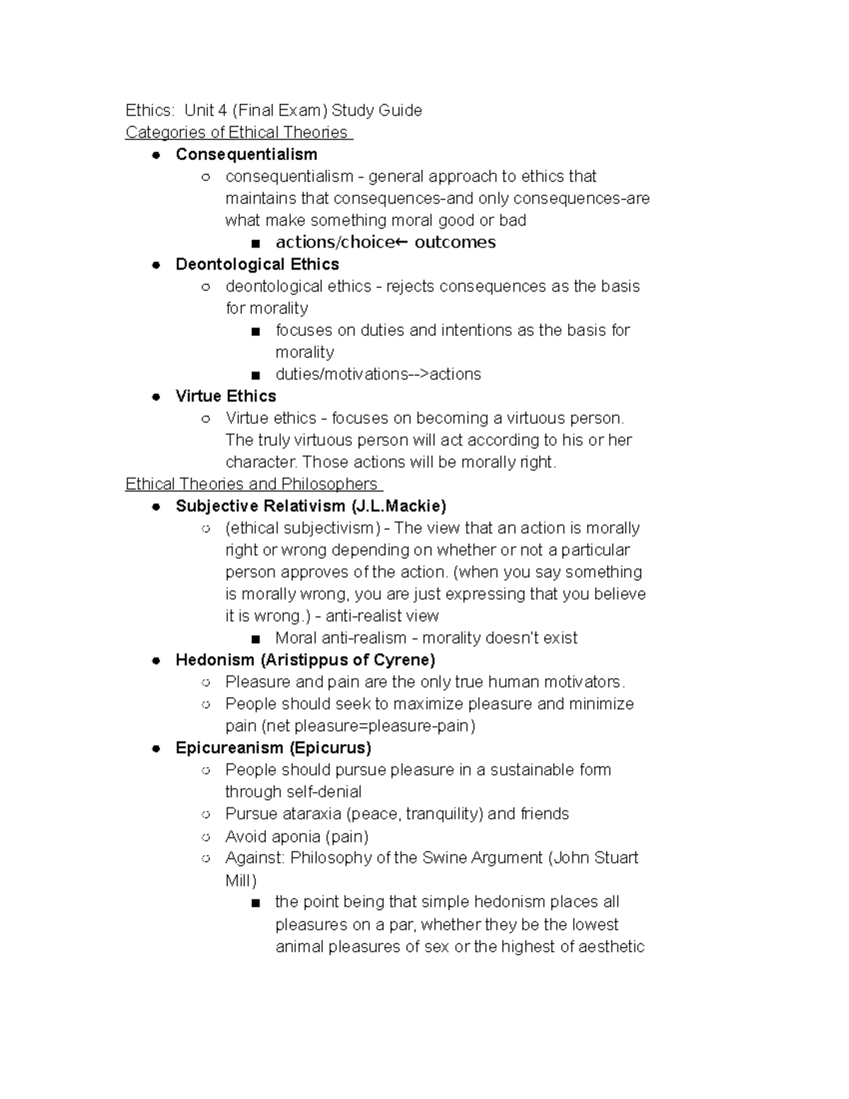Ethics final - study guide - Ethics: Unit 4 (Final Exam) Study Guide ...