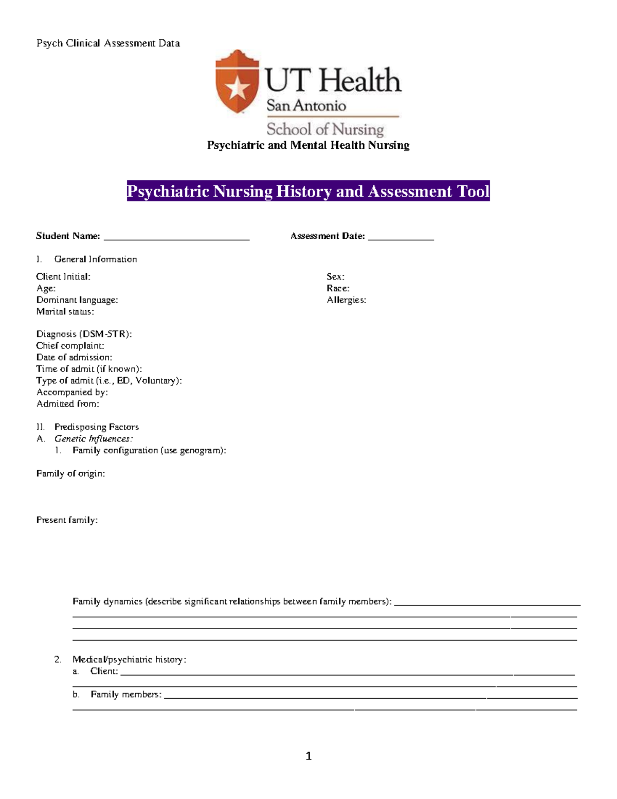 Psychiatric Nursing History and Assessment Form - Psychiatric and ...
