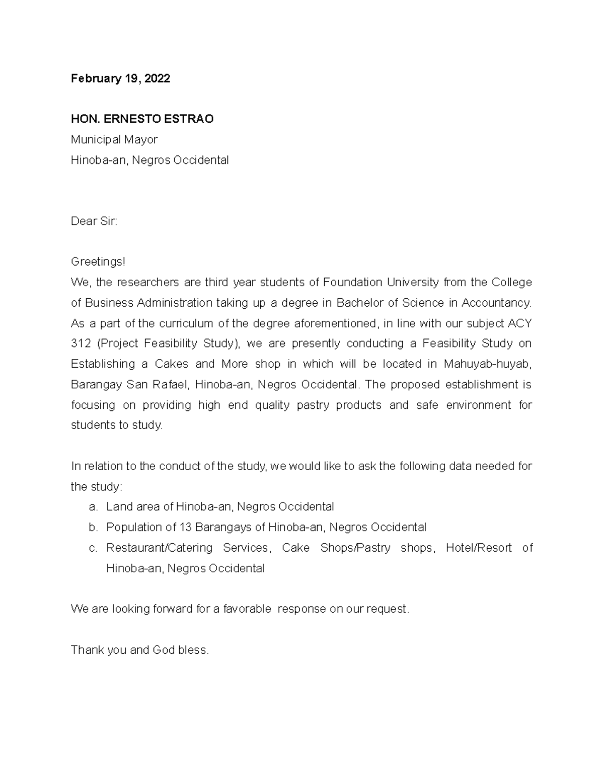 Letter for gathering data - February 19, 2022 HON. ERNESTO ESTRAO ...