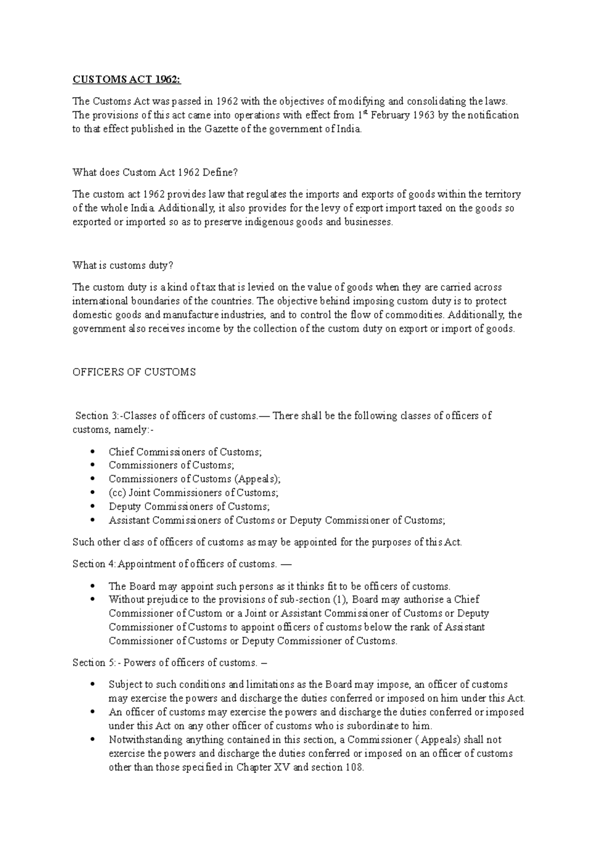 Custom ACT,1962 - CUSTOMS ACT 1962: The Customs Act was passed in 1962 ...