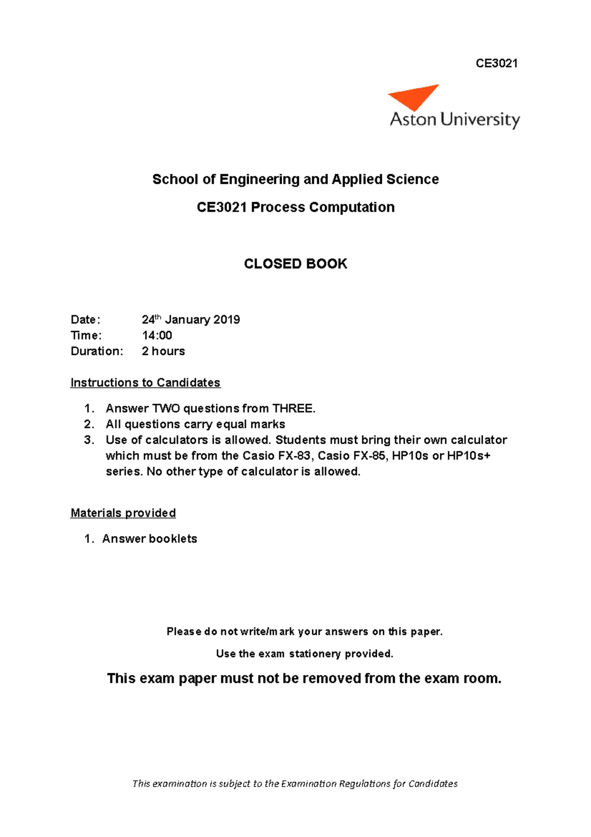 CE3021 Jan Exam 2019-20 - School of Engineering and Applied Science ...