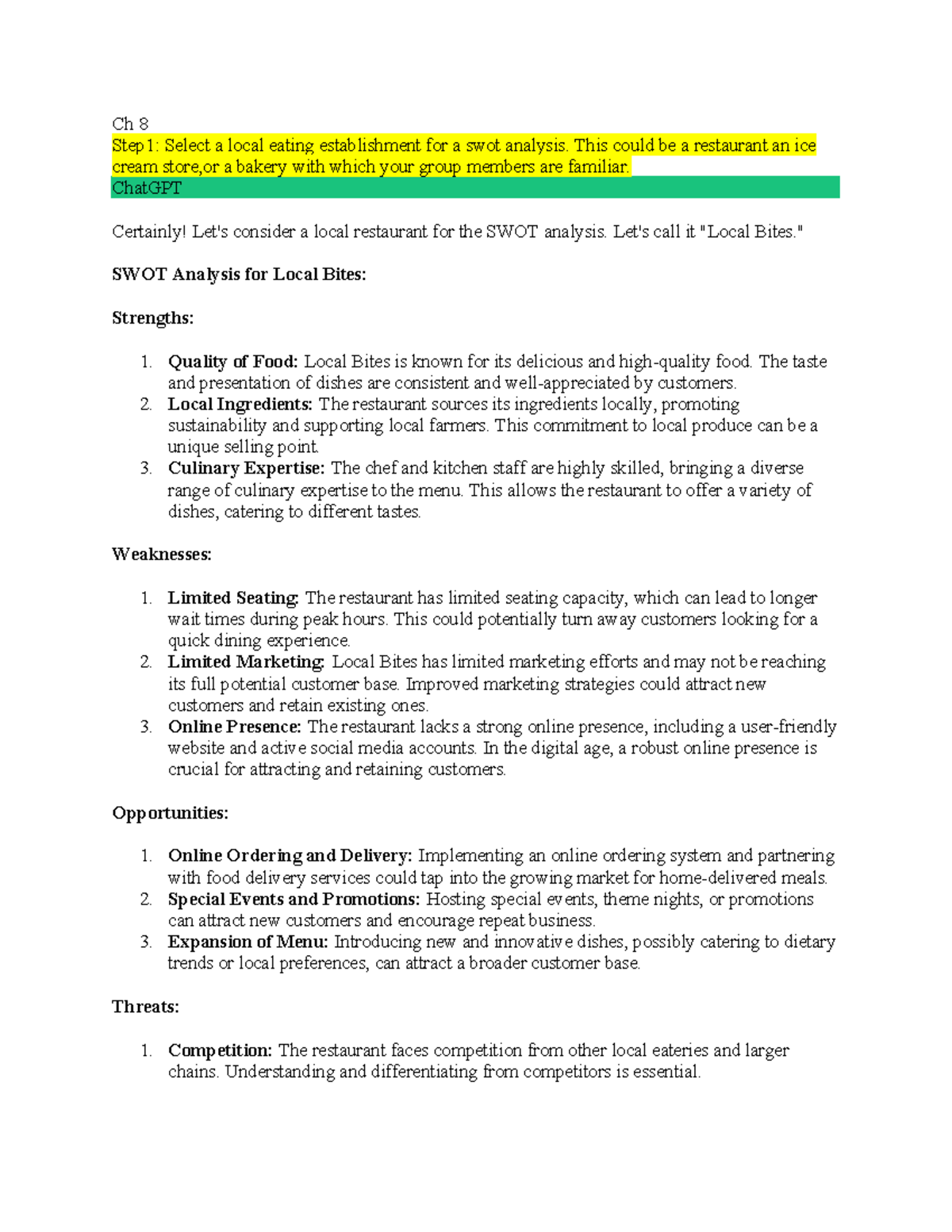 GM Ch 8 SWOT - lecture - Ch 8 Step1: Select a local eating ...