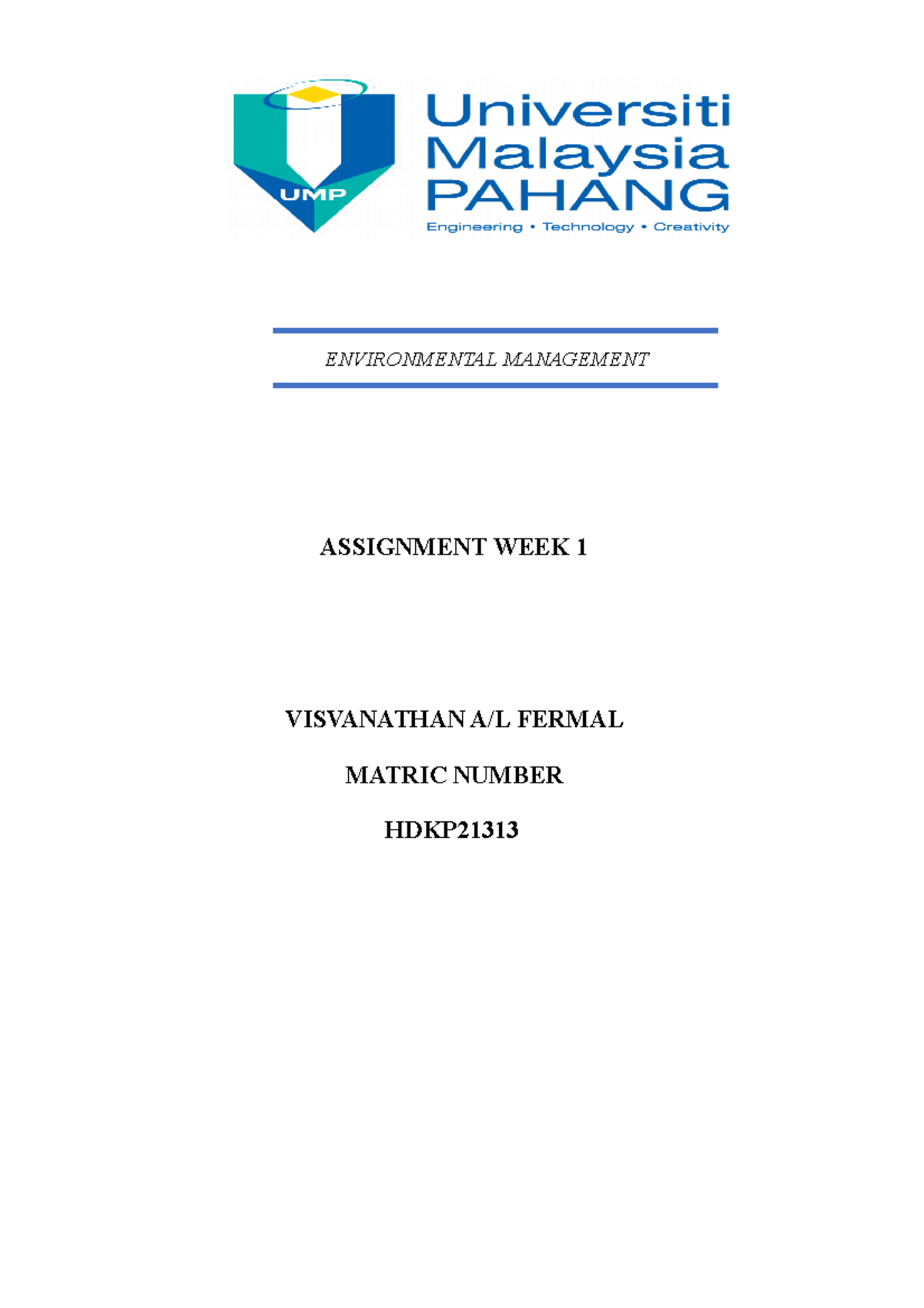 Assignment(Environment) - ASSIGNMENT WEEK 1 VISVANATHAN A/L FERMAL ...