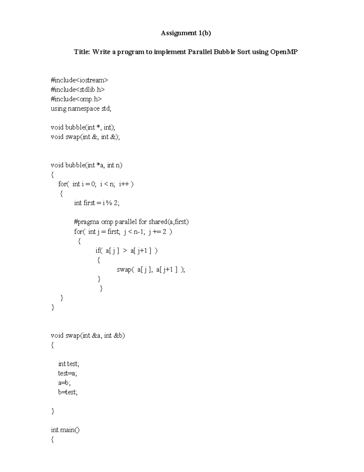Grp A Assignment 2(a) Bubble Sort - Assignment 1(b) Title: Write a program to implement Parallel ...