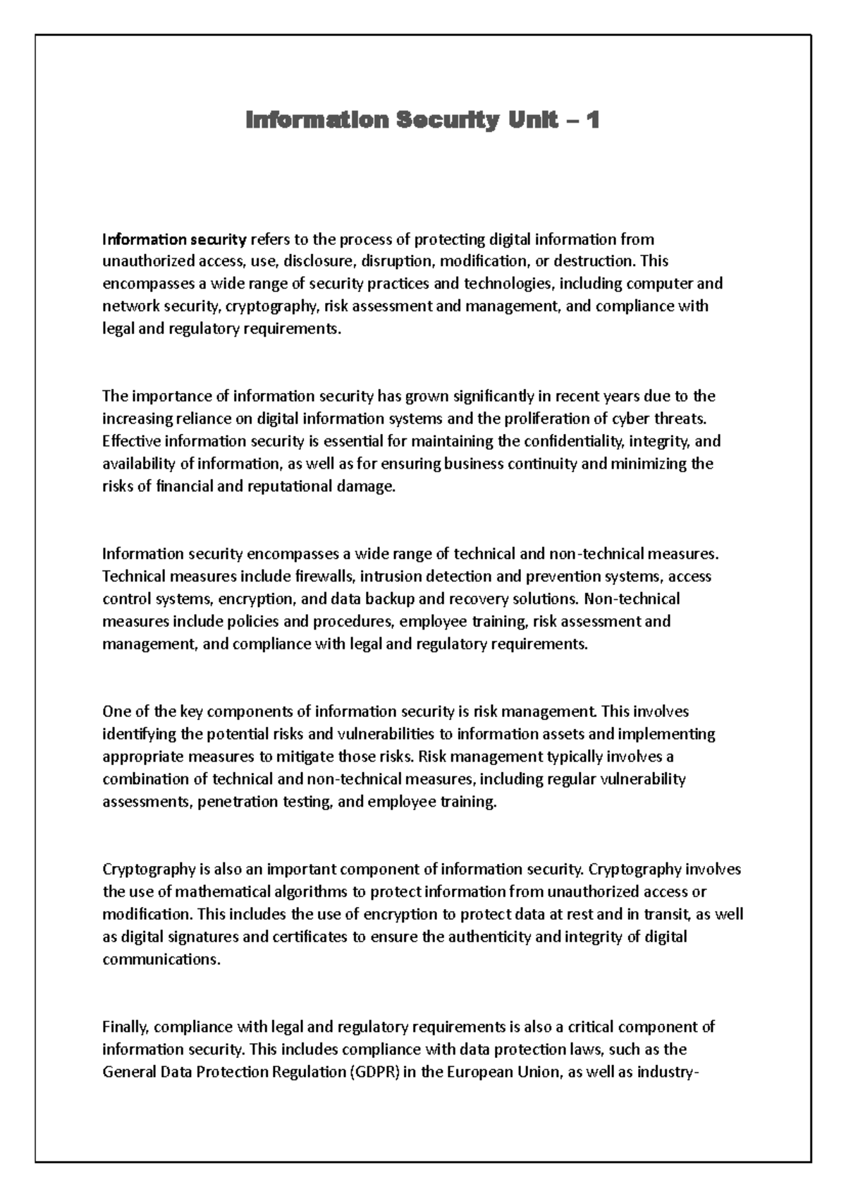 Information Security All - Information Security Unit – 1 Information security refers to the ...