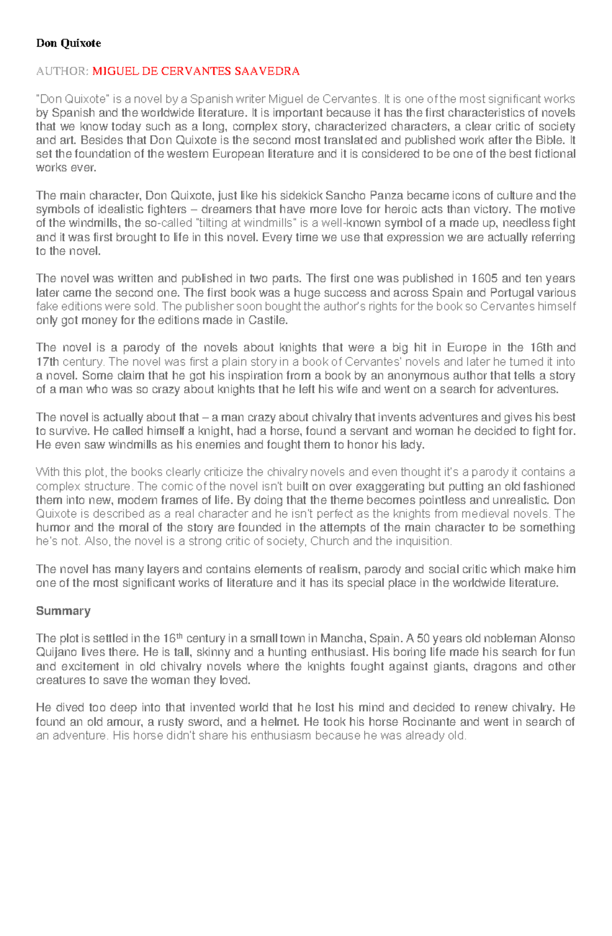 Don Quixote by Cervantes - Don Quixote AUTHOR: MIGUEL DE CERVANTES ...