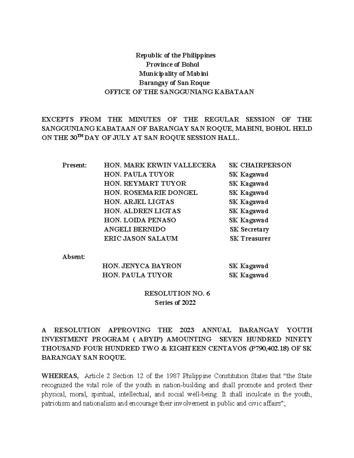 Approved Resolution for SK budget 2023 - Republic of the Philippines ...