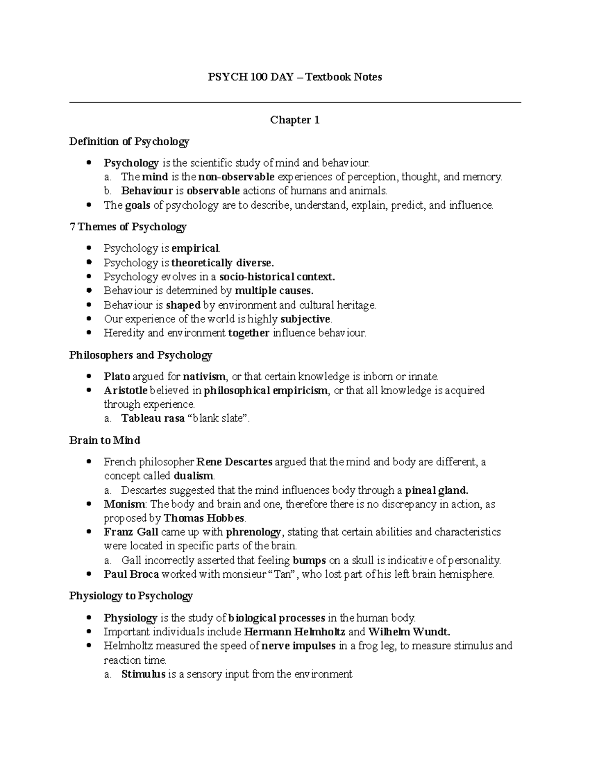 Lecture notes, most lectures - PSYCH 100 DAY Textbook Notes Chapter 1 ...
