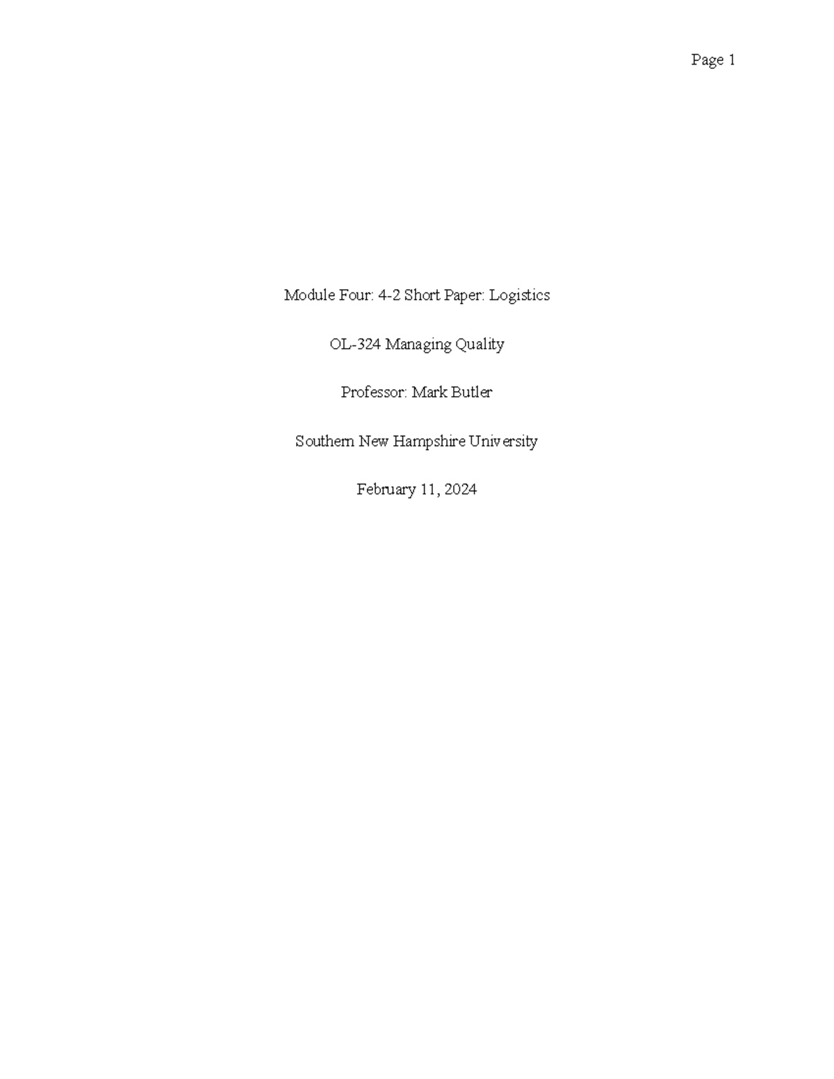 Week 04 Module Four 4-2-Short-Paper Logistics - Module Four: 4-2 Short ...