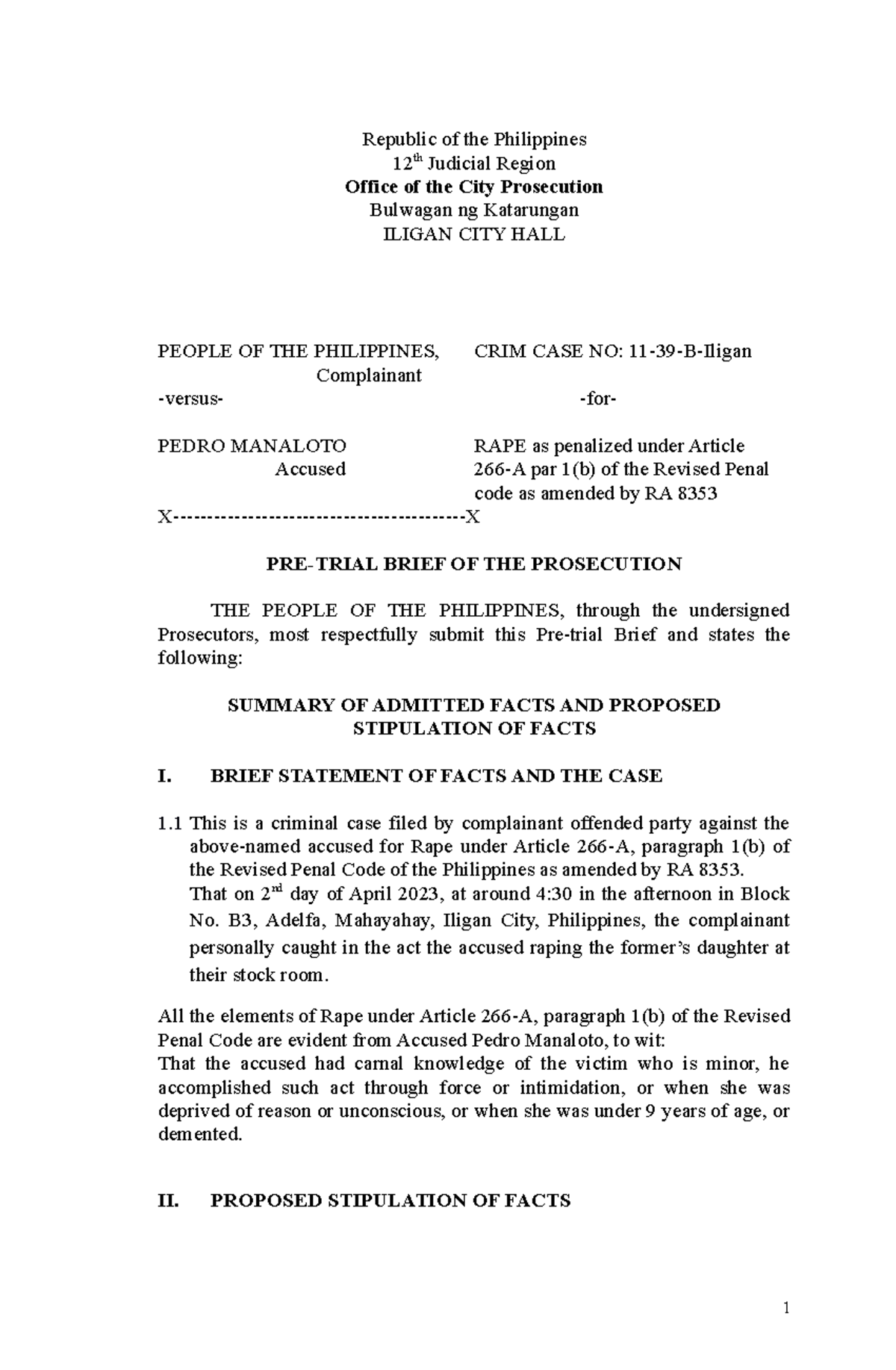 PRE Trial Brief OF Complainant - Republic of the Philippines 12 th ...