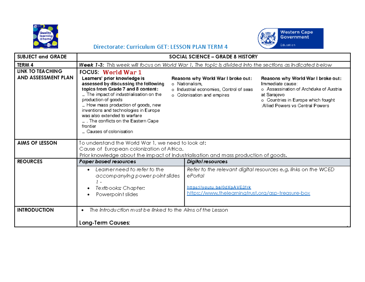 Lesson Plan Gr 8 SS History T4 W1-3 - Directorate: Curriculum GET ...