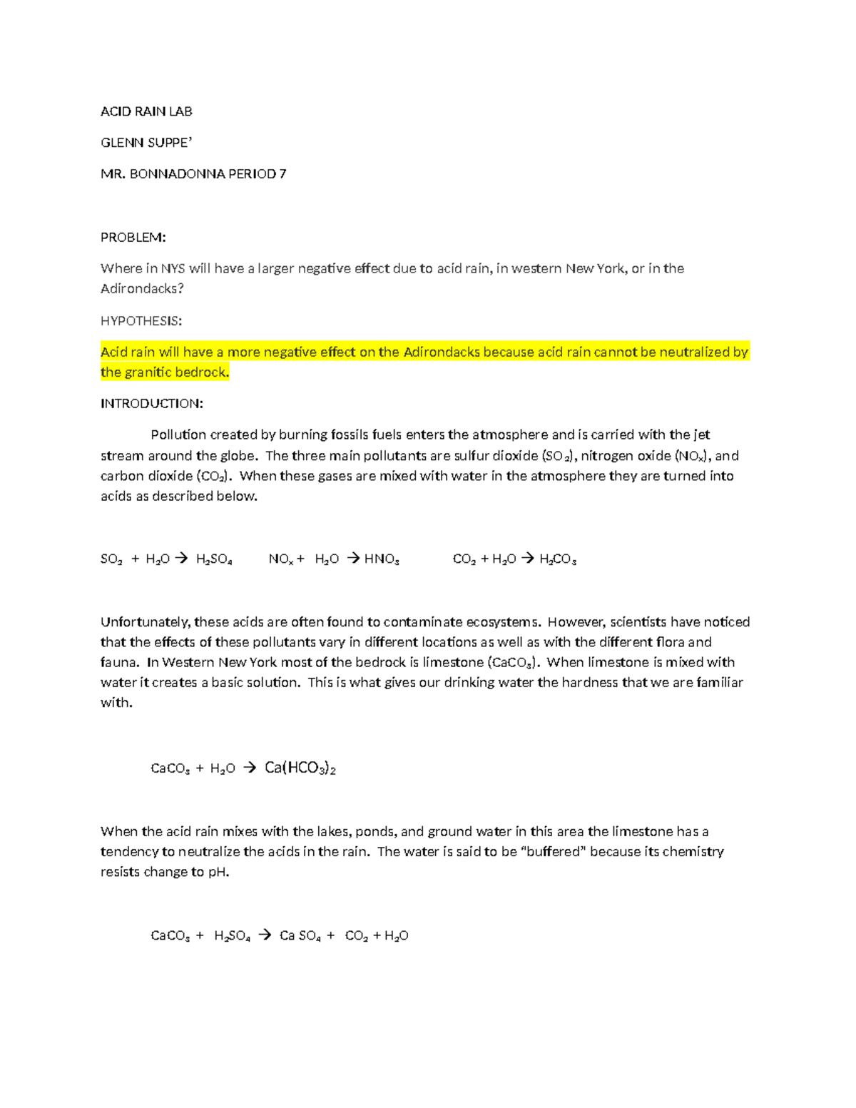 ACID RAIN LAB - this is a NY state lab - ACID RAIN LAB GLENN SUPPE’ MR ...