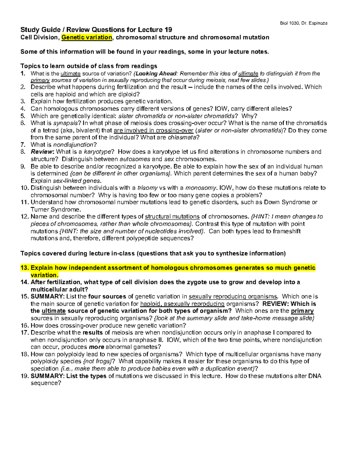 General Biology 1 Lecture 19 Chromosome Mutations - Biol 1030, Dr ...