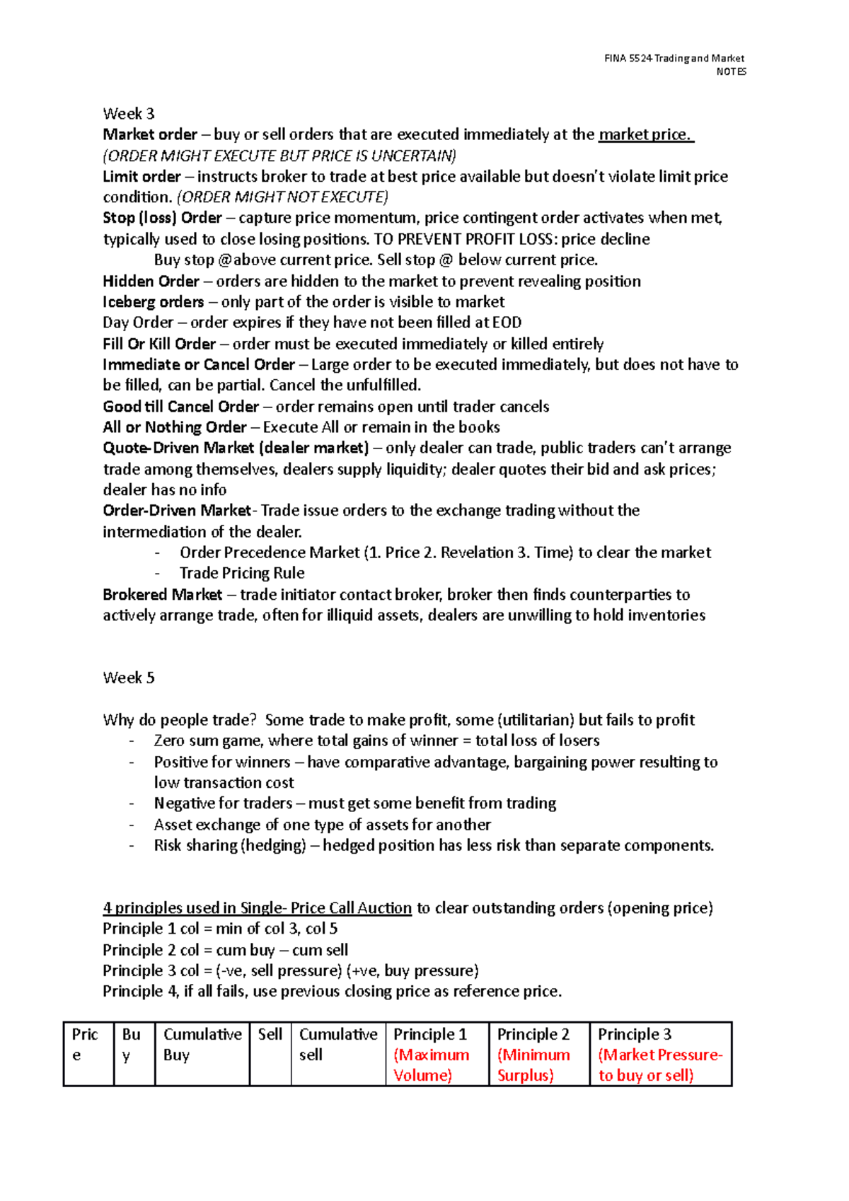 FINA5524 Trading and Market Notes - NOTES Week 3 Market order – buy or ...
