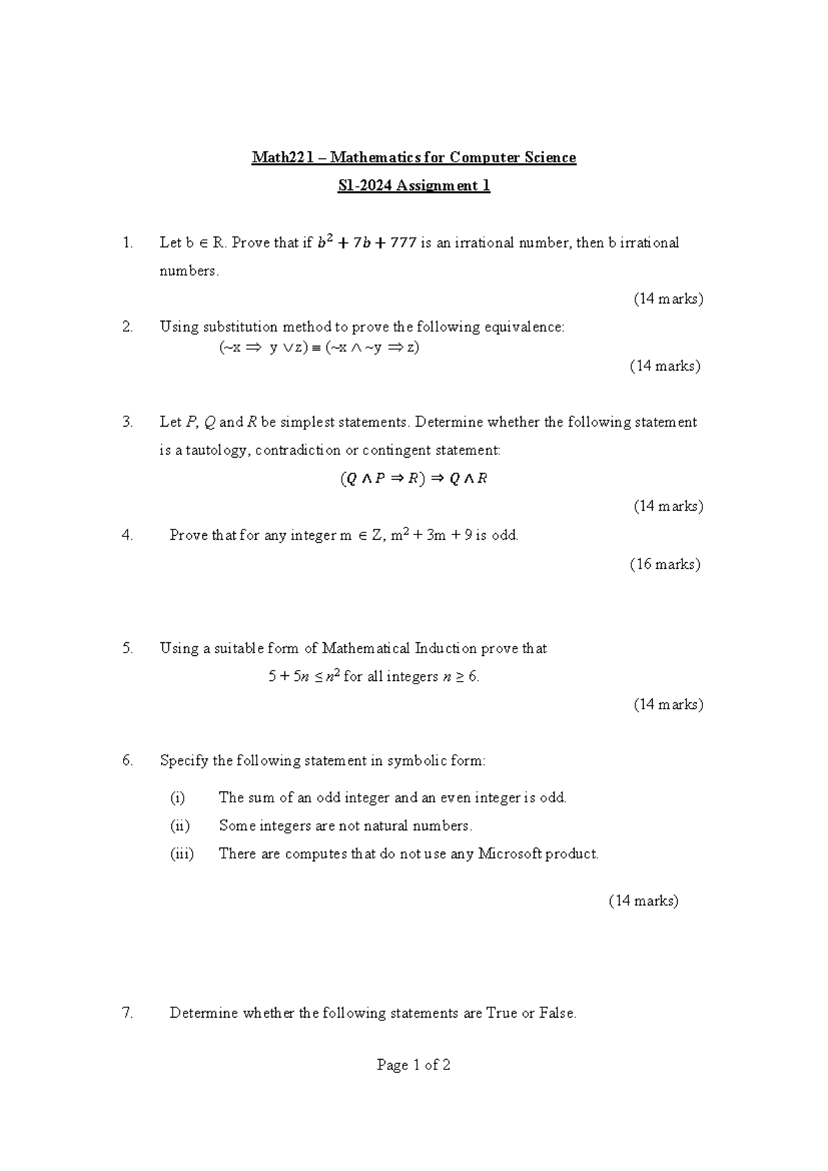 24-S1-MATH221-A1 - Page 1 of 2 Math221 – Mathematics for Computer Science S1-2024 Assignment 1 ...