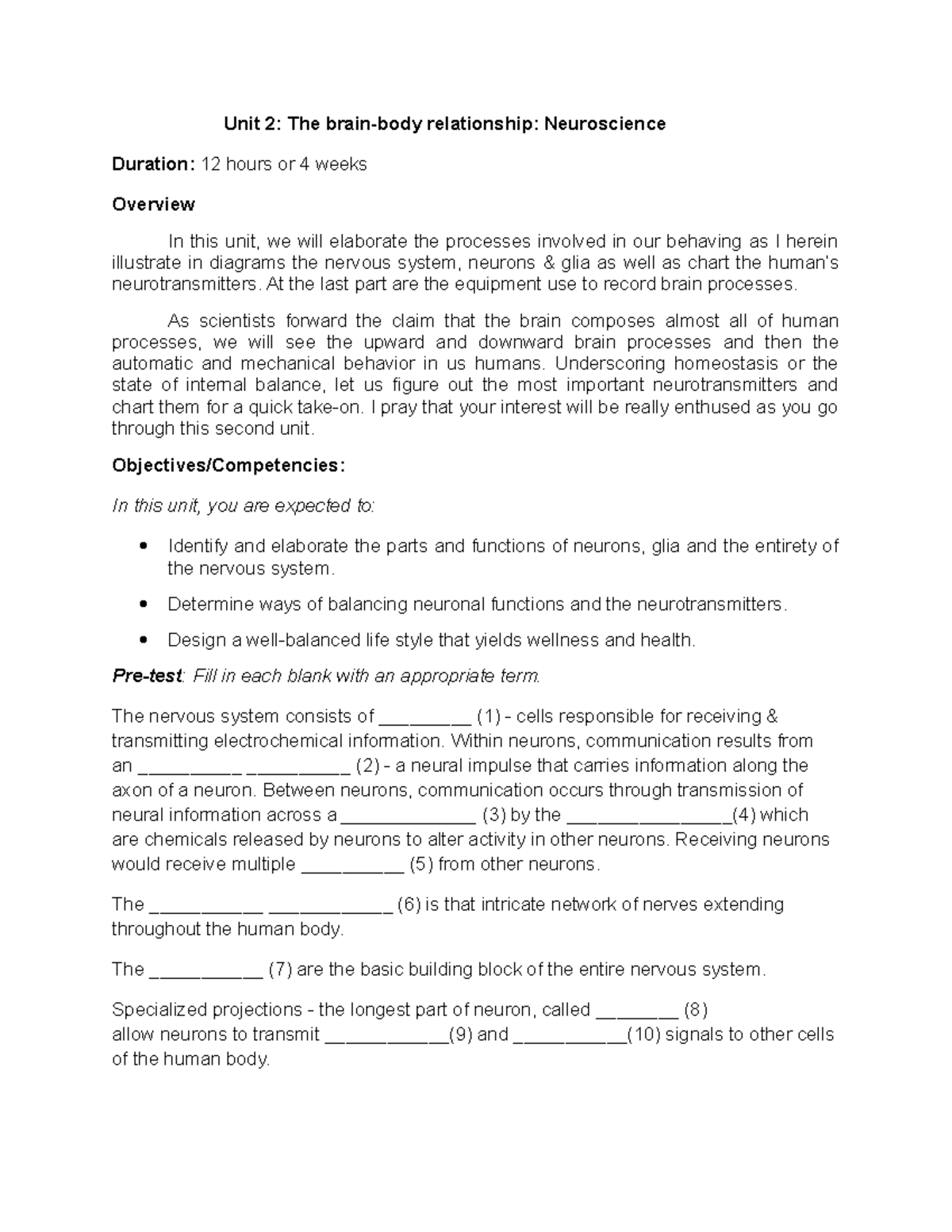 Biological Psychology Unit 2 3rd Year - Unit 2: The brain-body ...