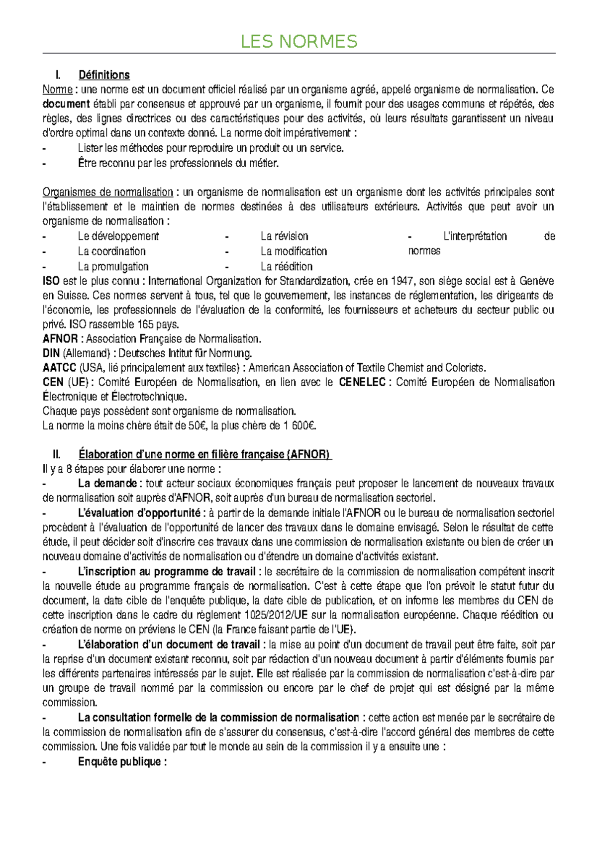 LES Normes - LES NORMES I. Définitions - Studocu