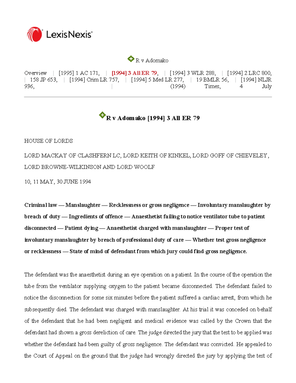 R v Adomako [1994] 3 All ER 79, [1994] 3 All ER 79 copy - R v Adomako ...
