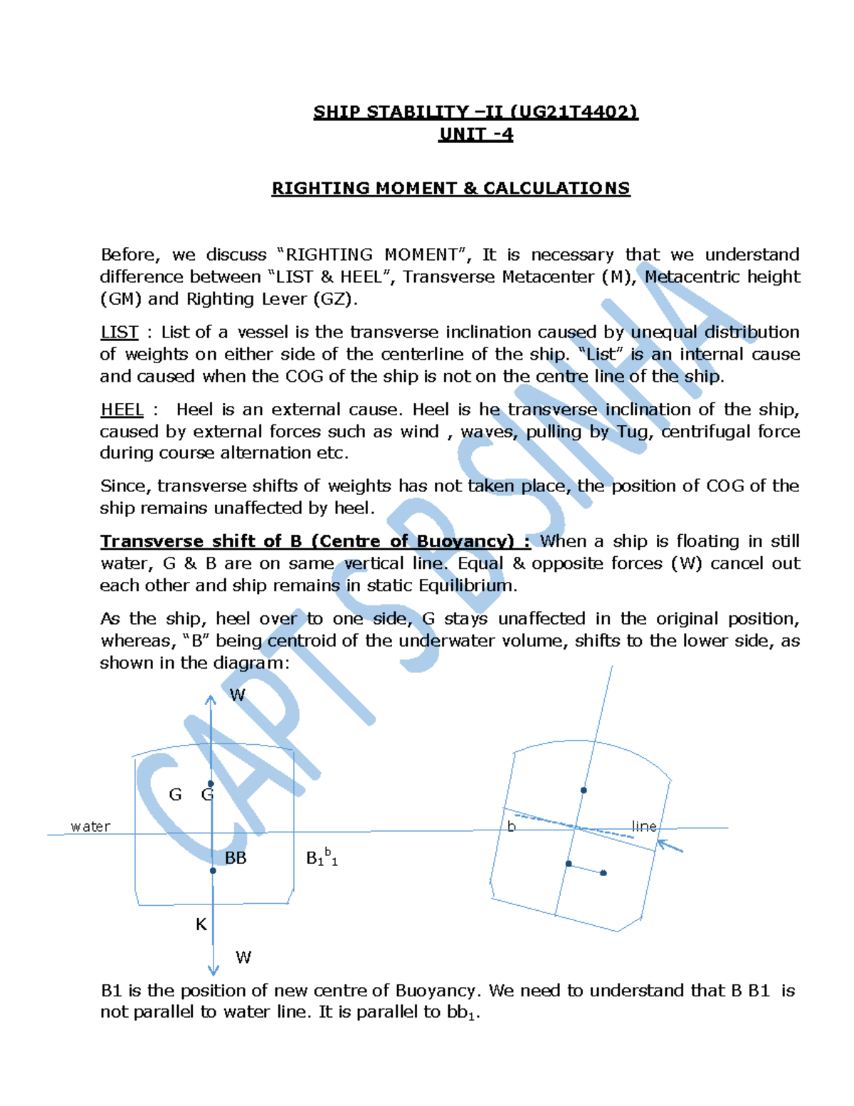 UNIT 4 Righting Moment - practice - SHIP STABILITY –II (UG21T4402) UNIT ...