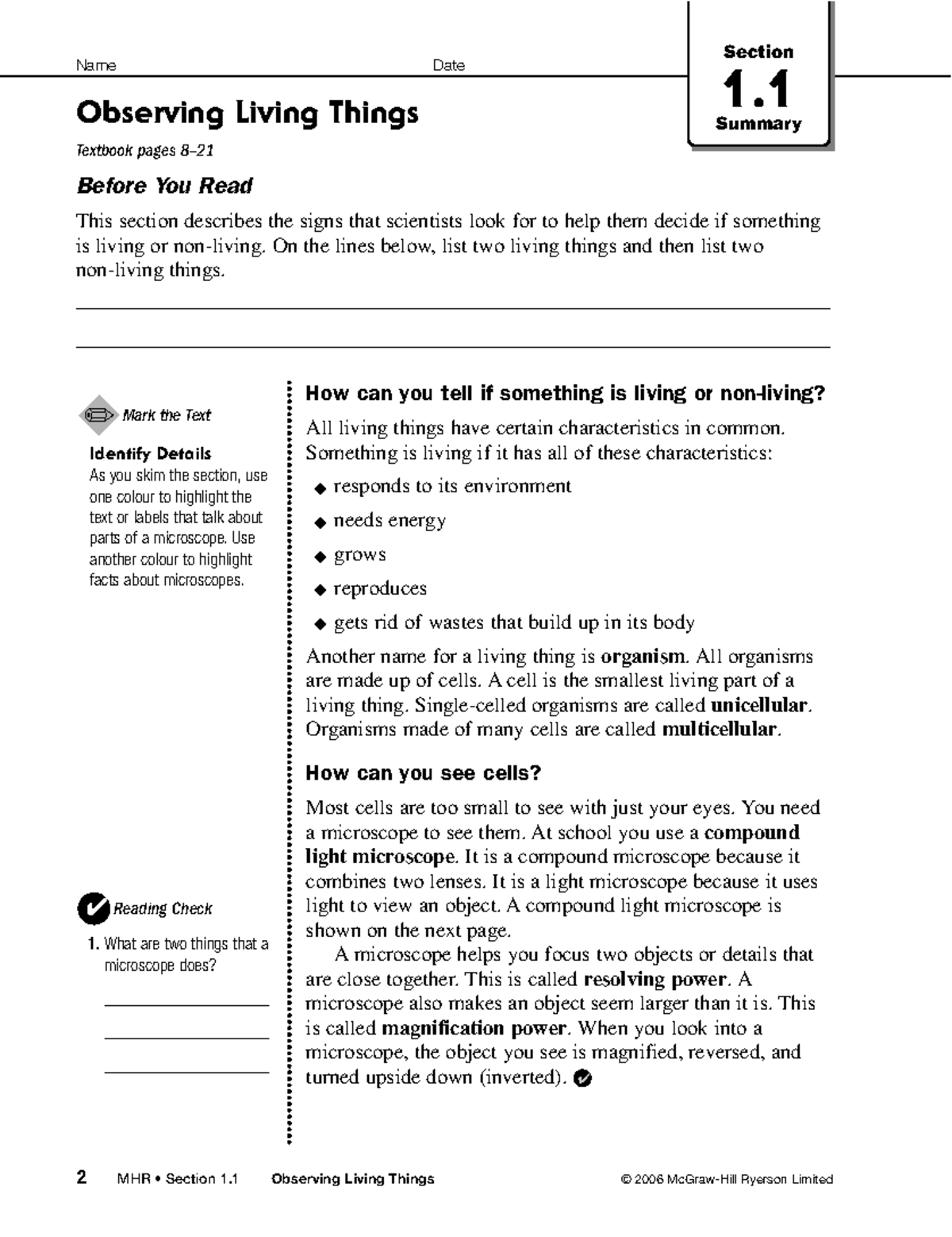 1.1 observing living things questions - 2 MHR • Section 1 Observing ...