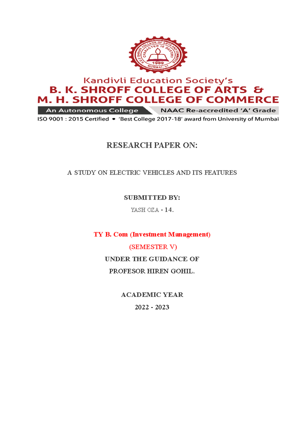 Tybim A 14 YASH OZA Research Methodology Project - RESEARCH PAPER ON: A ...