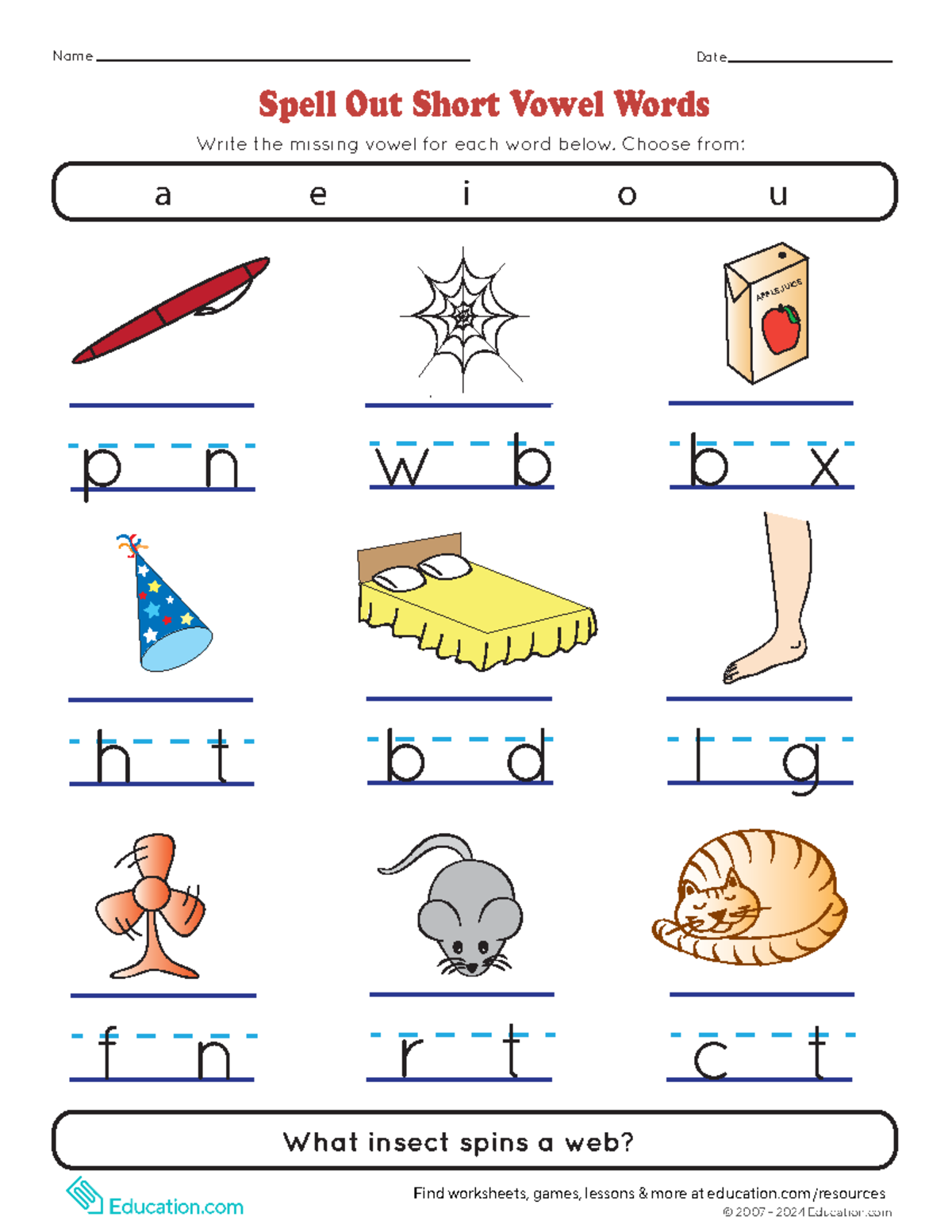 Spell out short vowel words 2018 - Write the missing vowel for each ...