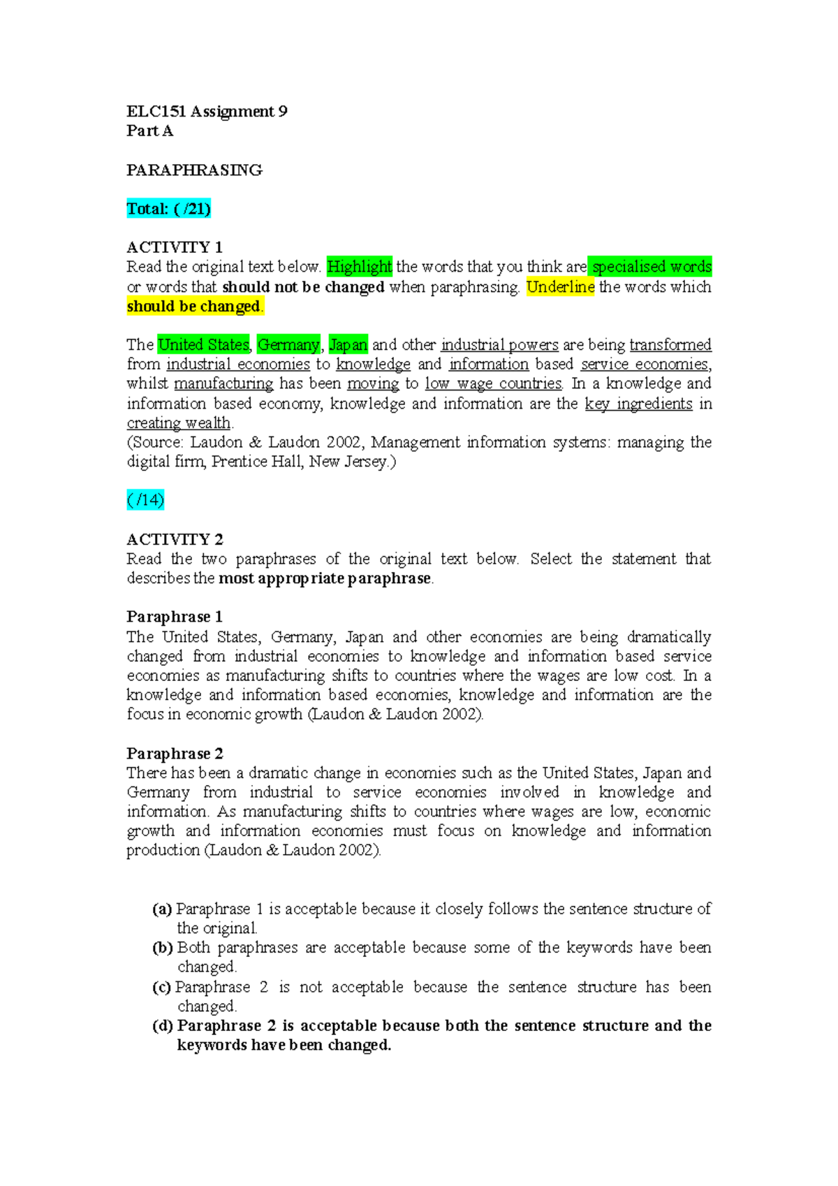 Paraphrasing - ELC151 - ELC151 Assignment 9 Part A PARAPHRASING Total ...