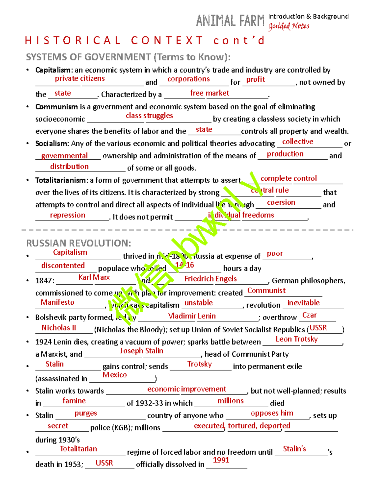 4 Animal Farm Pre Read Answer Keys 2 - ANIMAL FARM Introduction ...