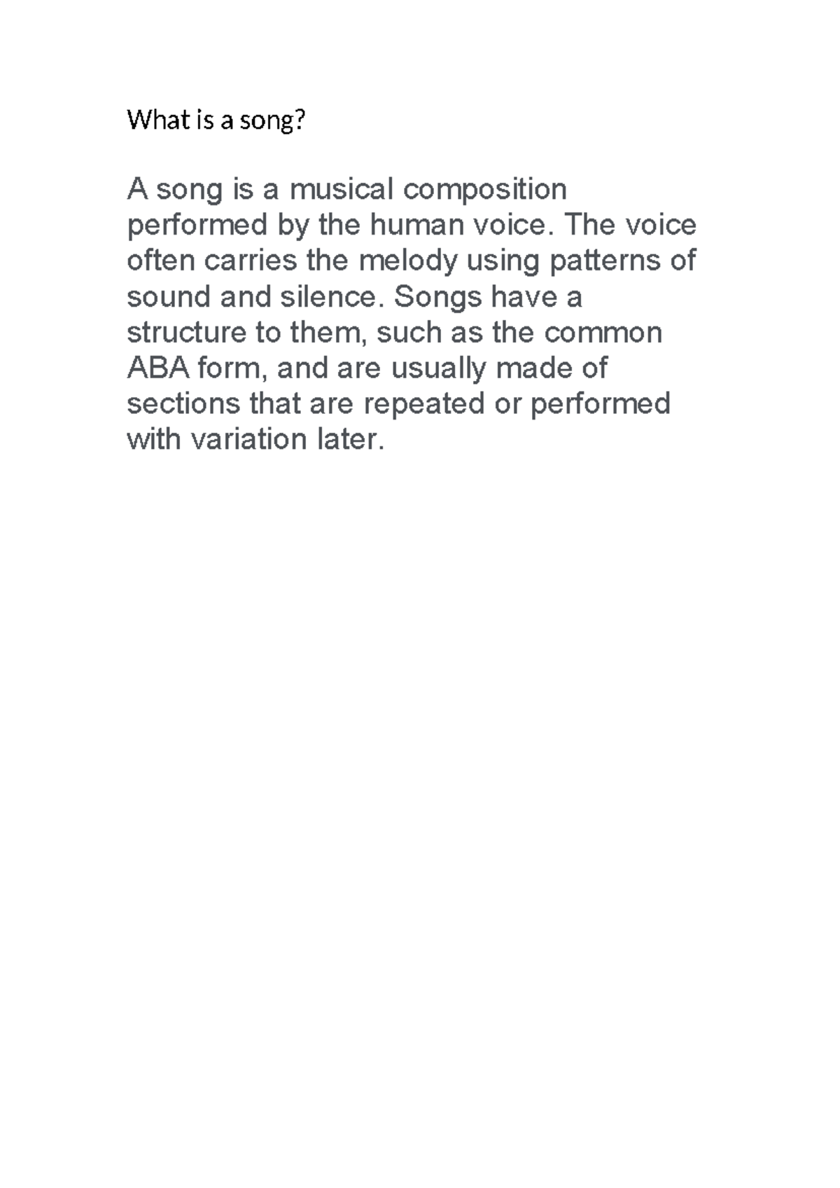 Song - Examination Sheet - What is a song? A song is a musical ...