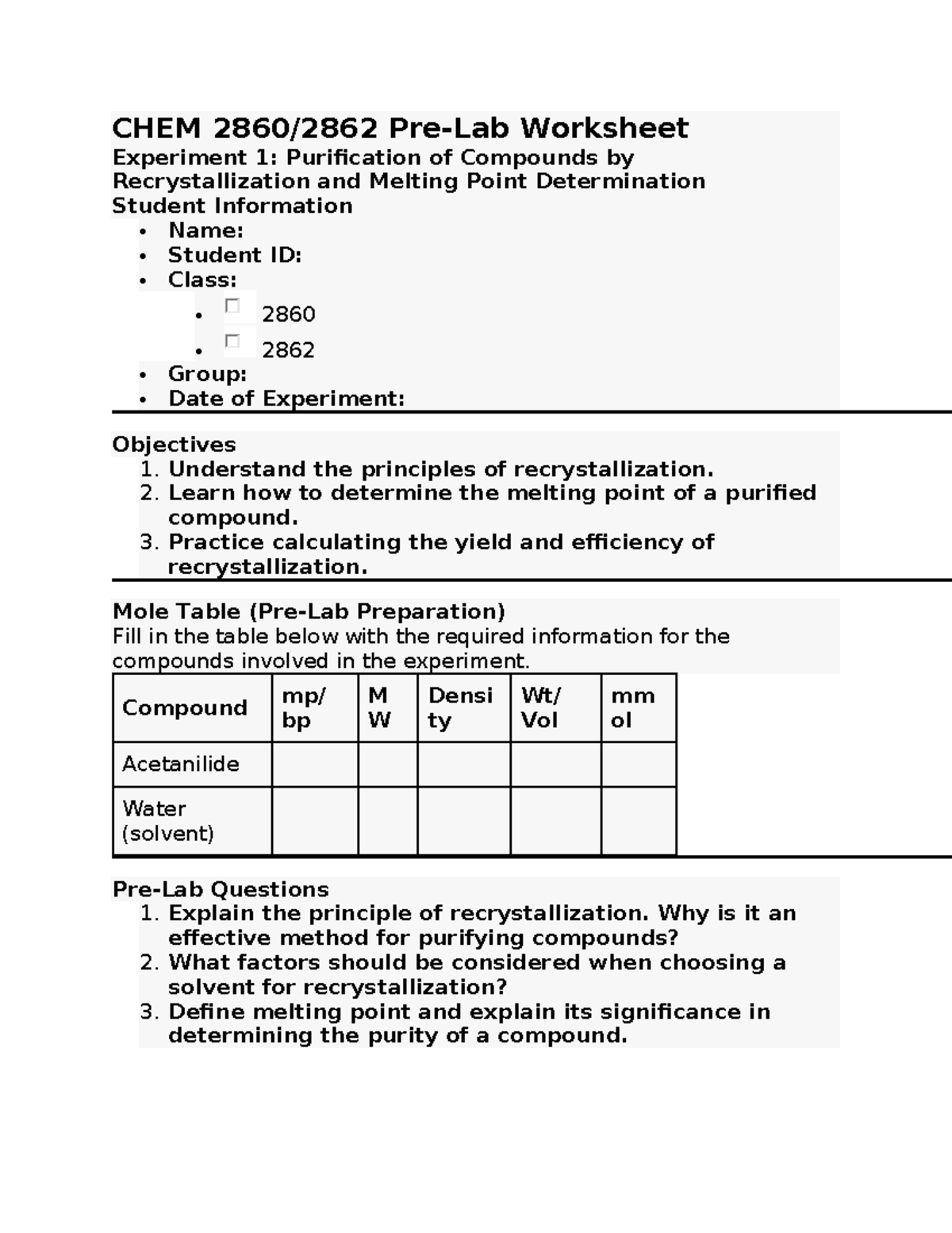 Lab1 pre 1 - Lab1 pre 1 - CHEM 2860/2862 Pre-Lab Worksheet Experiment 1 ...