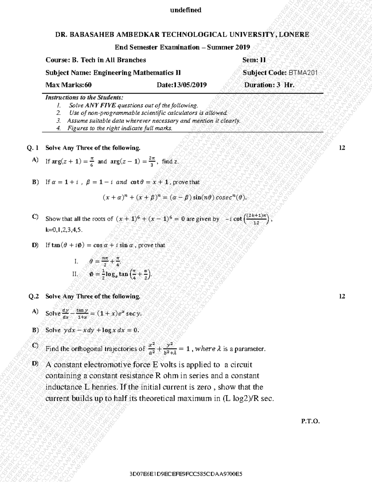 Btech 1 year engineering mathematics 2 btma201 may 2019 - DR. BABASAHEB ...