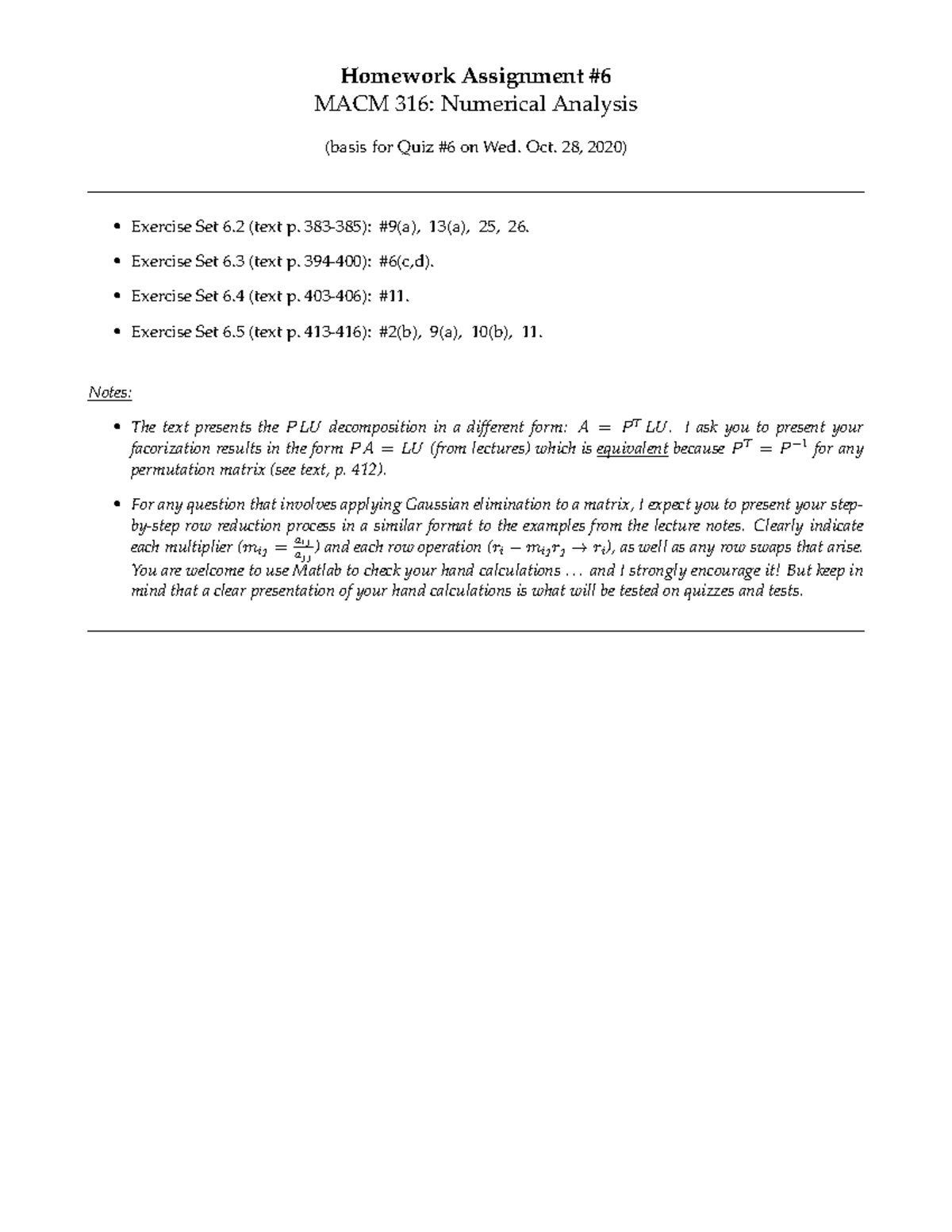 Hw6 Homework Homework Assignment Macm 316 Numerical Analysis Basis For Quiz On Wed Oct 