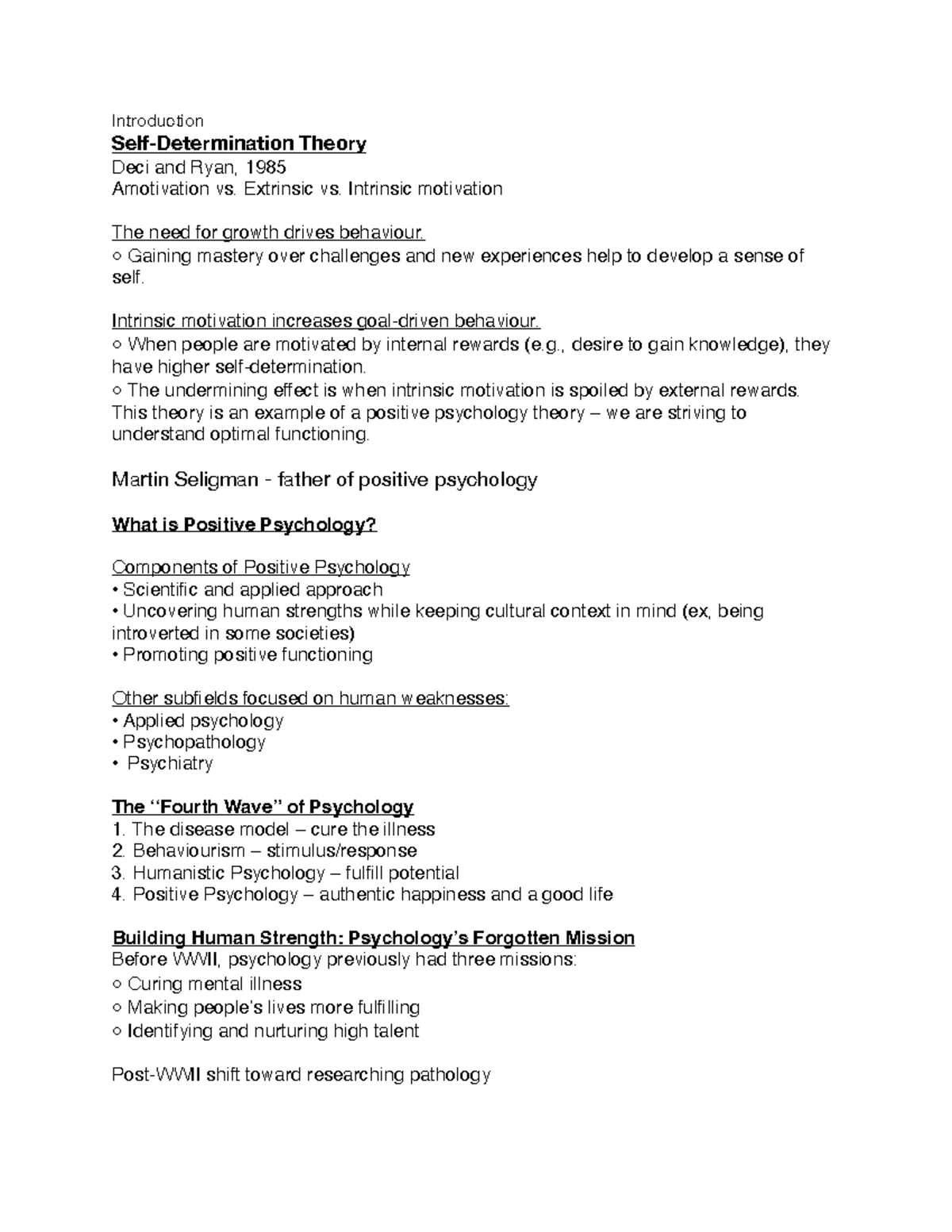 Positive psychology - notes - Introduction Self-Determination Theory ...