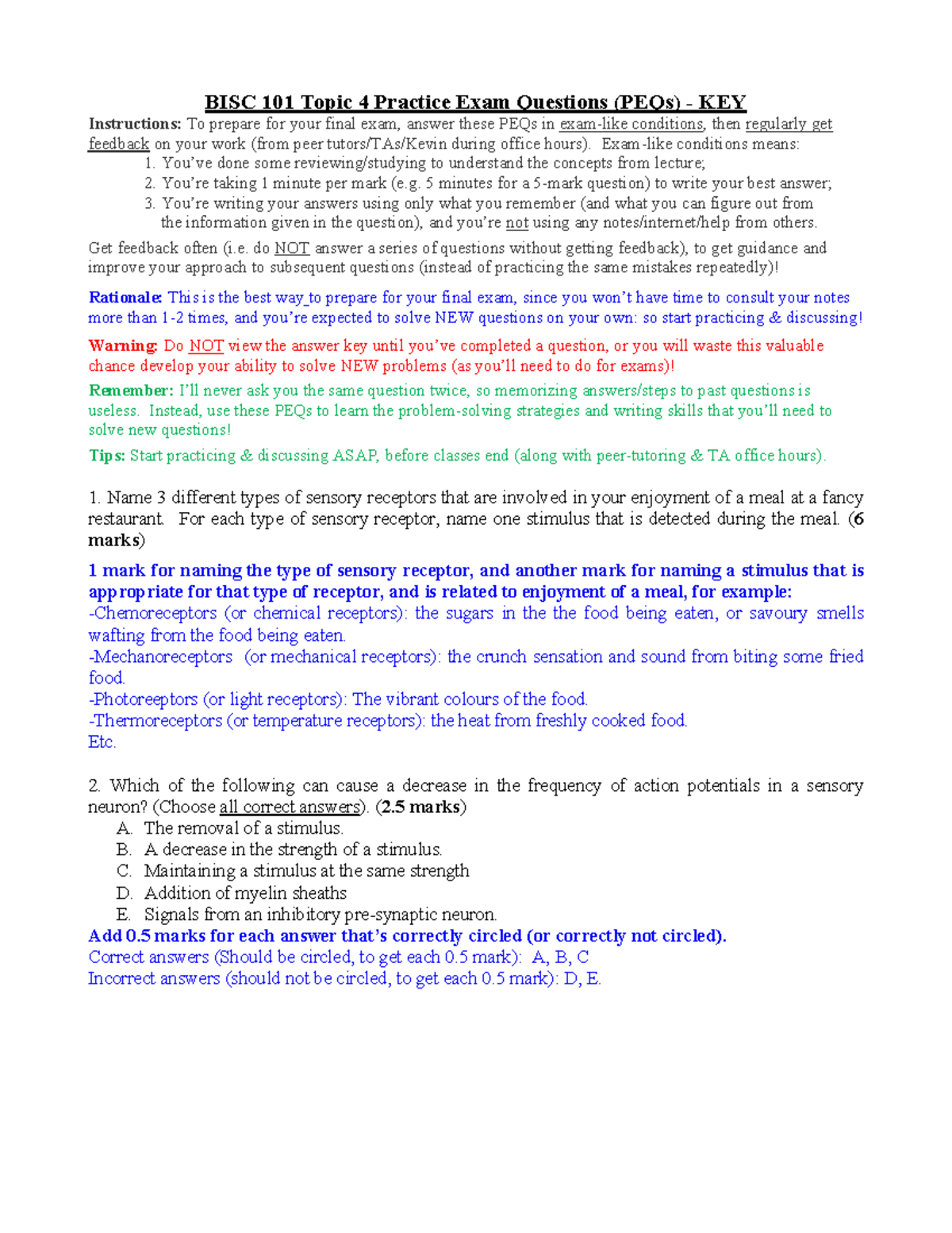 BISC 101 Topic 4 Practice questions - Key - BISC 101 - SFU - Studocu