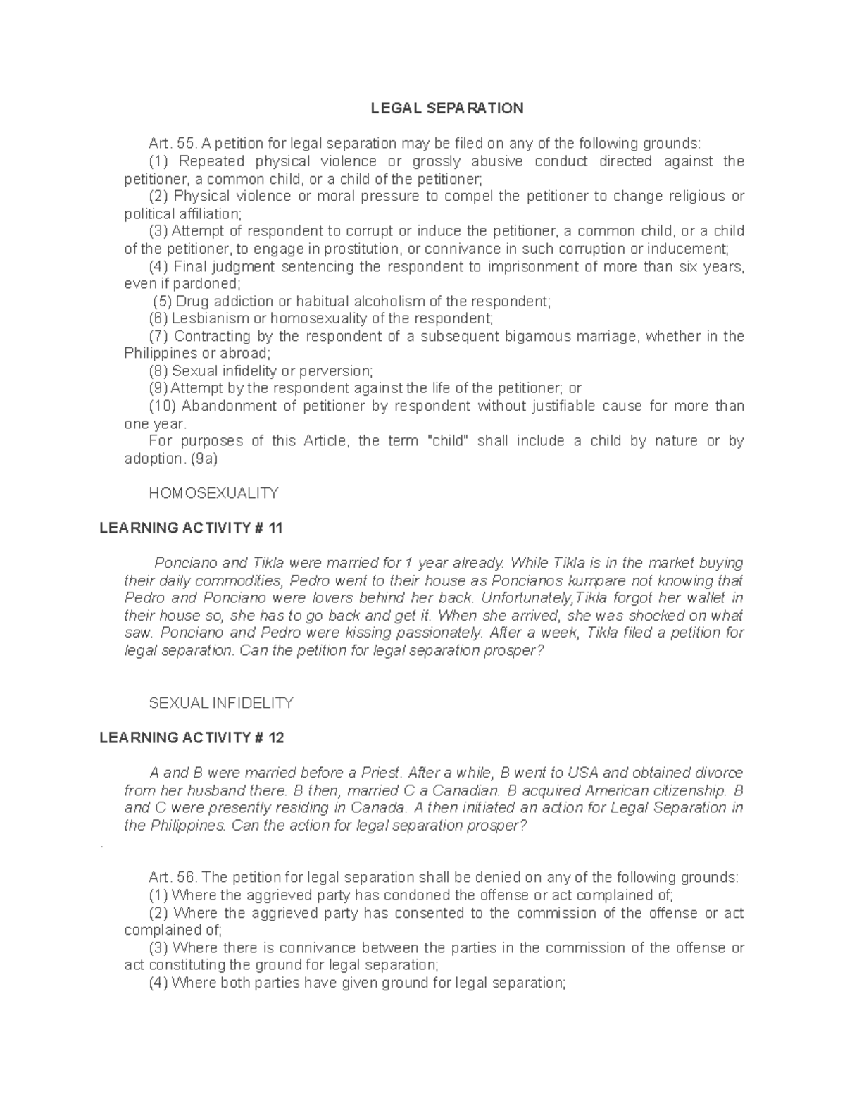 Law Related Studies - LEGAL SEPARATION Art. 55. A petition for legal ...