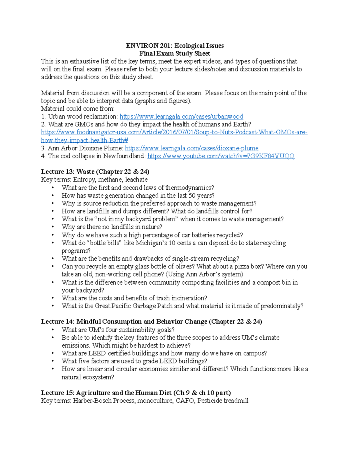 ENV 201 Final Exam Review Sheet Partial F2021 - ENVIRON 201: Ecological ...