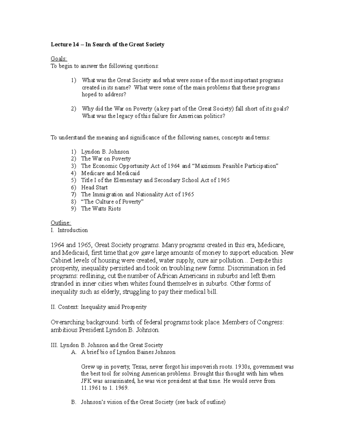 Lecture 14 notes - Lecture 14 – In Search of the Great Society Goals ...