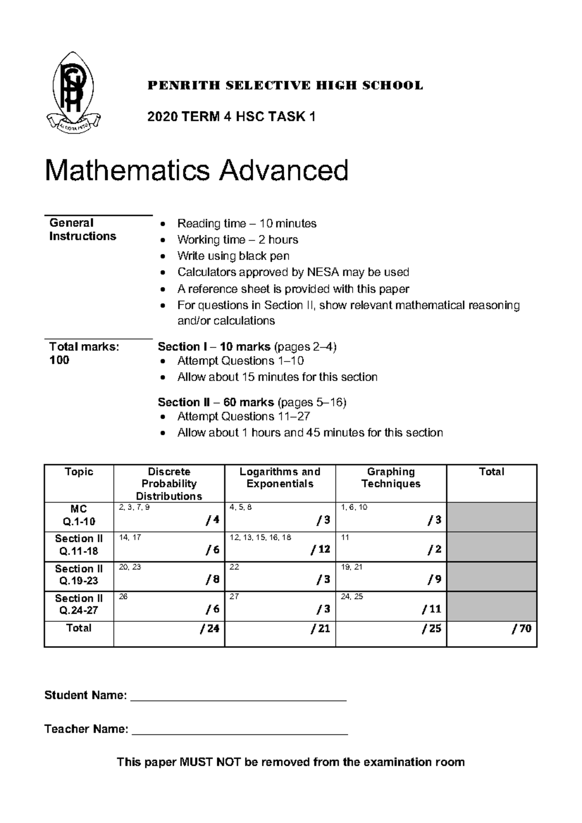 Yr12 Adv Task1 2020 2021 - PENRITH SELECTIVE HIGH SCHOOL 2020 TERM 4 HSC TASK 1 Mathematics ...