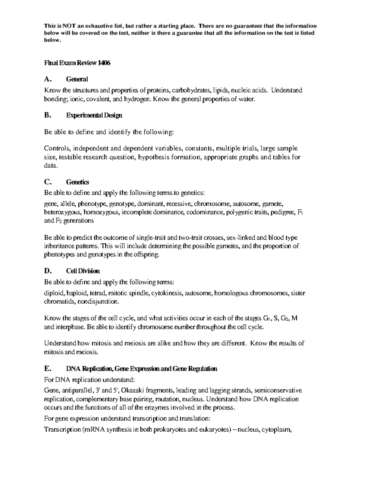 Final Exam Topic Review Sheet Fall23 - This is NOT an exhaustive list ...