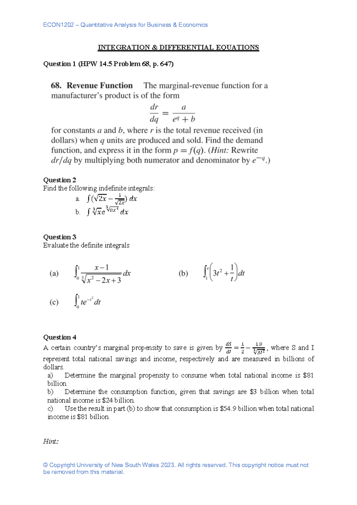 Integration Differential Equations - ECON1202 – Quantitative Analysis ...