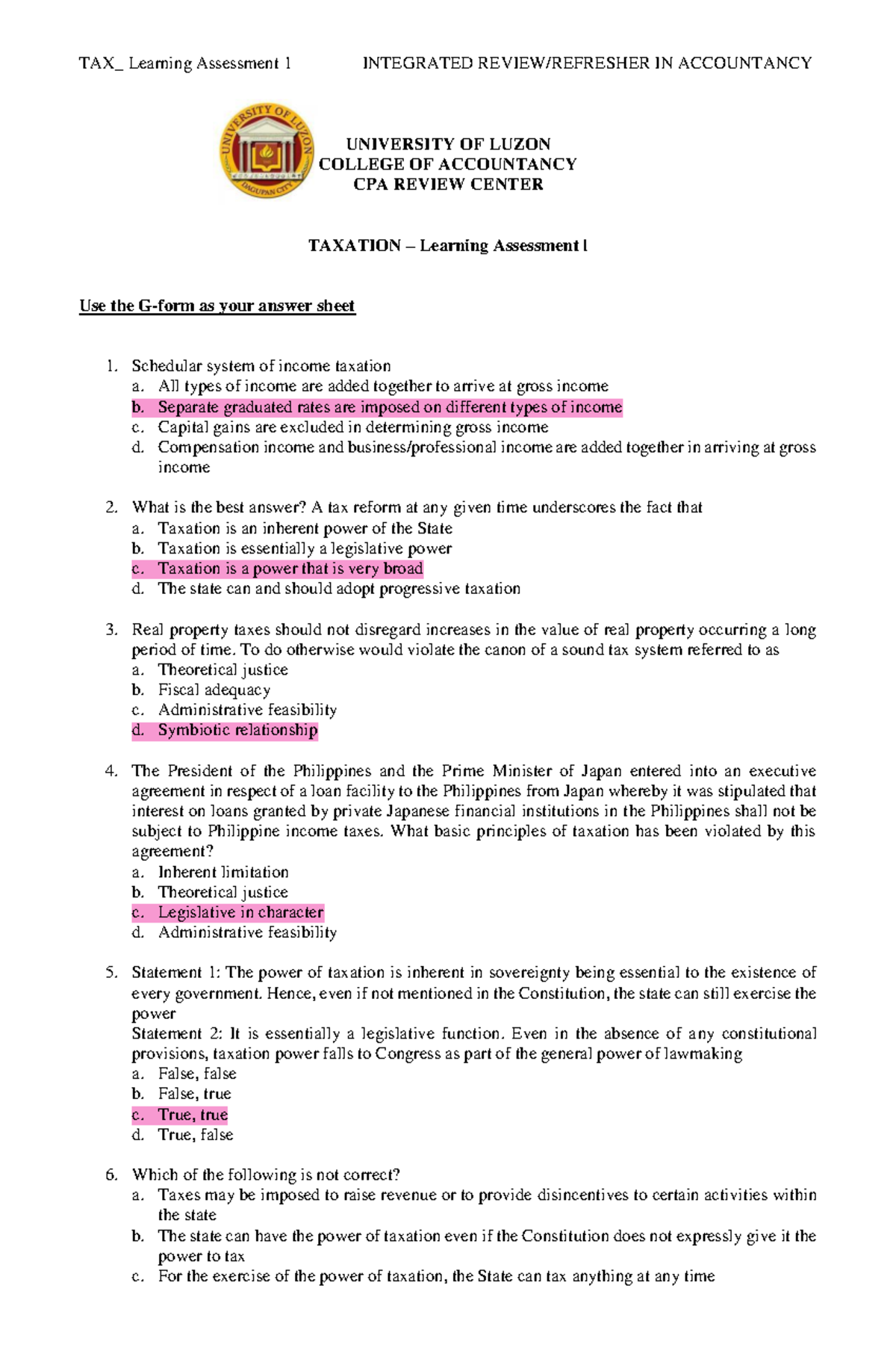 TAX Learning Assessment 1 - Schedular system of income taxation a. All ...