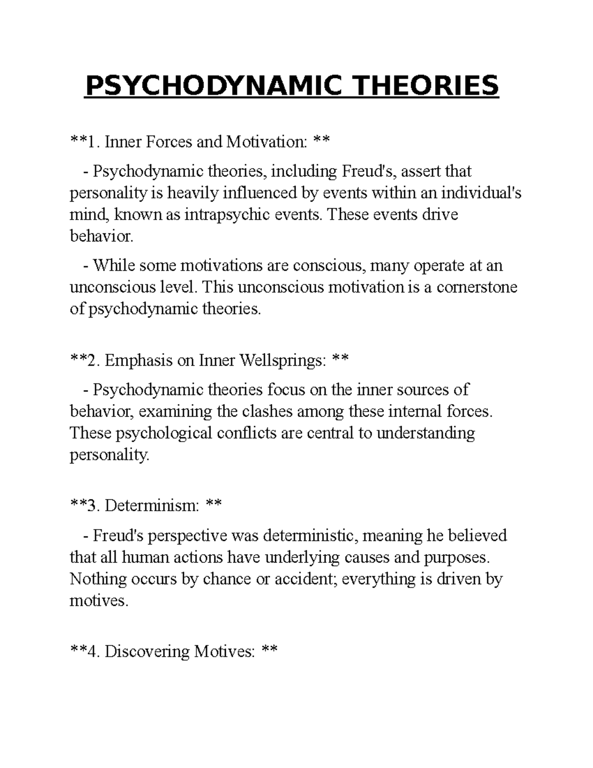 Psycho 4 - PSYCHODYNAMIC THEORIES **1. Inner Forces and Motivation ...