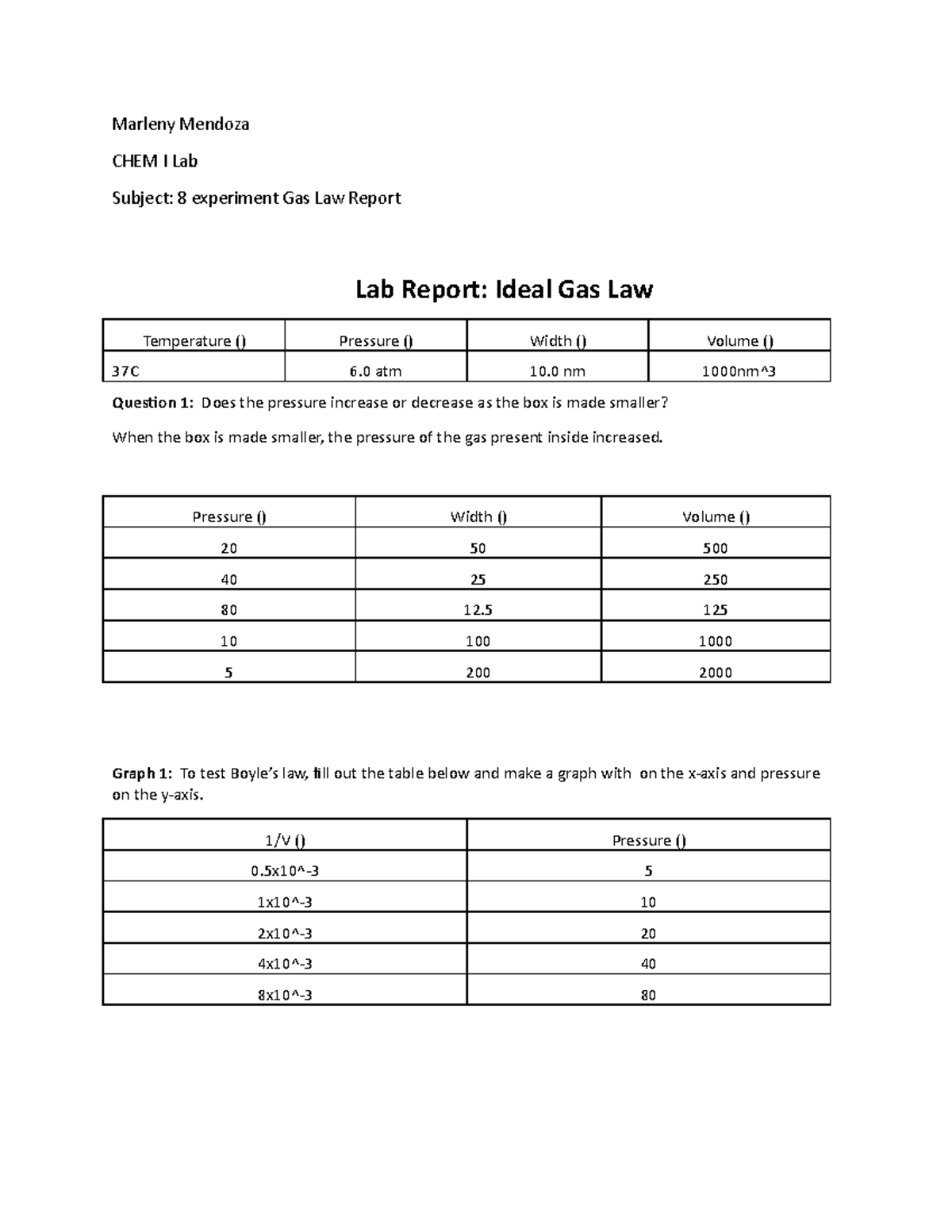 8Expt Gas Laws Report(1) Chem I lab report - Marleny Mendoza CHEM I Lab ...
