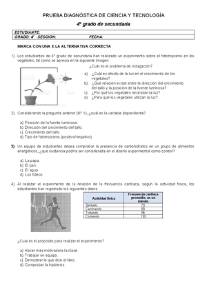 Prueba Diagnóstica DE Ciencia Y Tecnología - PRUEBA DIAGNÓSTICA DE ...
