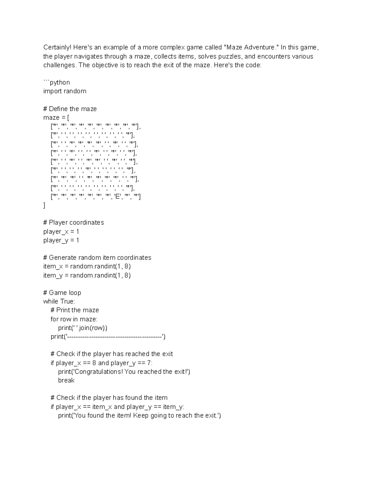 Game #6 - complex game - Certainly! Here's an example of a more complex ...