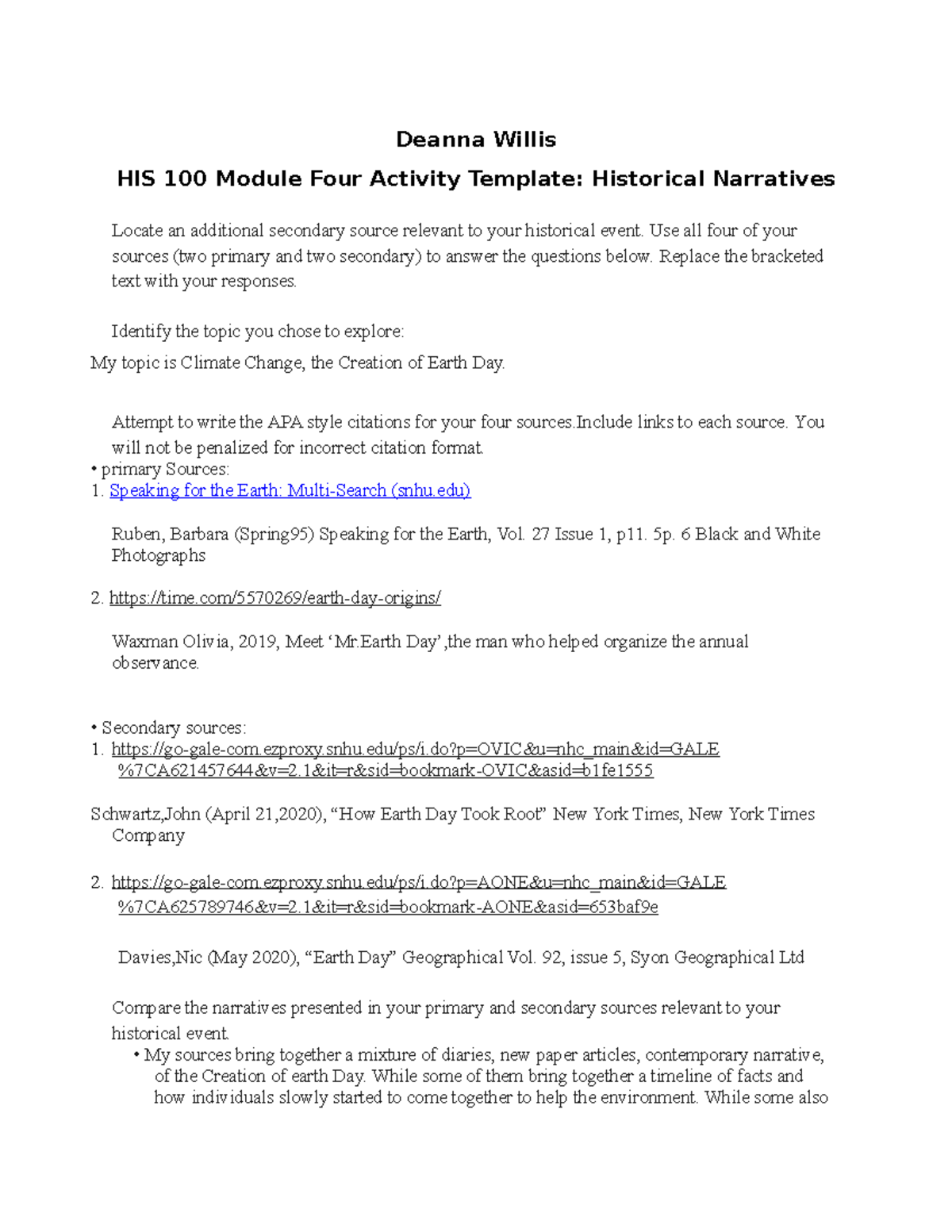 Deanna Willis HIS 100 Module Four Activity Template: Historical ...